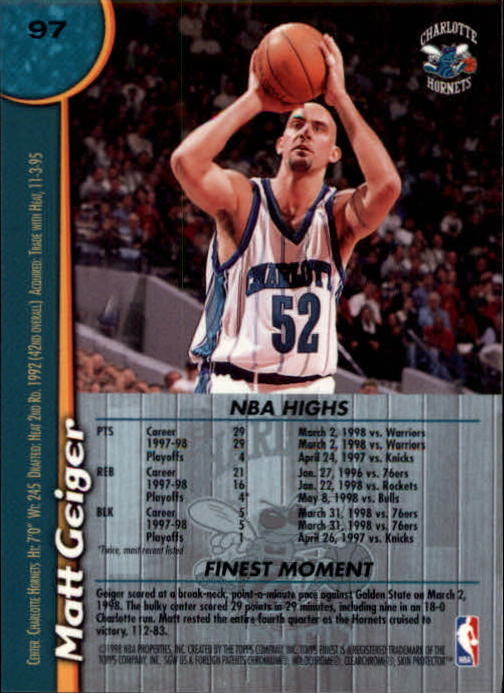 1998-99 Finest Charlotte Hornets Basketball Card #97 Matt Geiger | eBay
