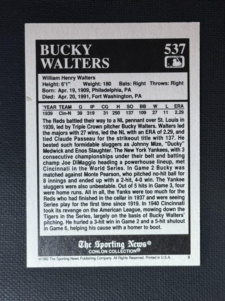 1992 Conlon Collection TSN #537 Bucky Walters Cincinnati Reds | eBay