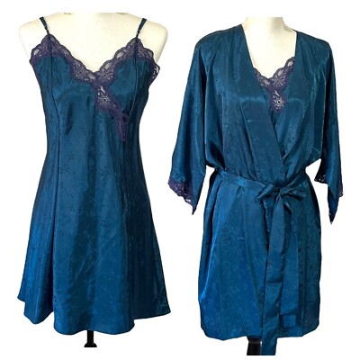 Vintage NWT Satin Robe Nightie Chemise Teal Blue Feminine Sexy Romantic ...