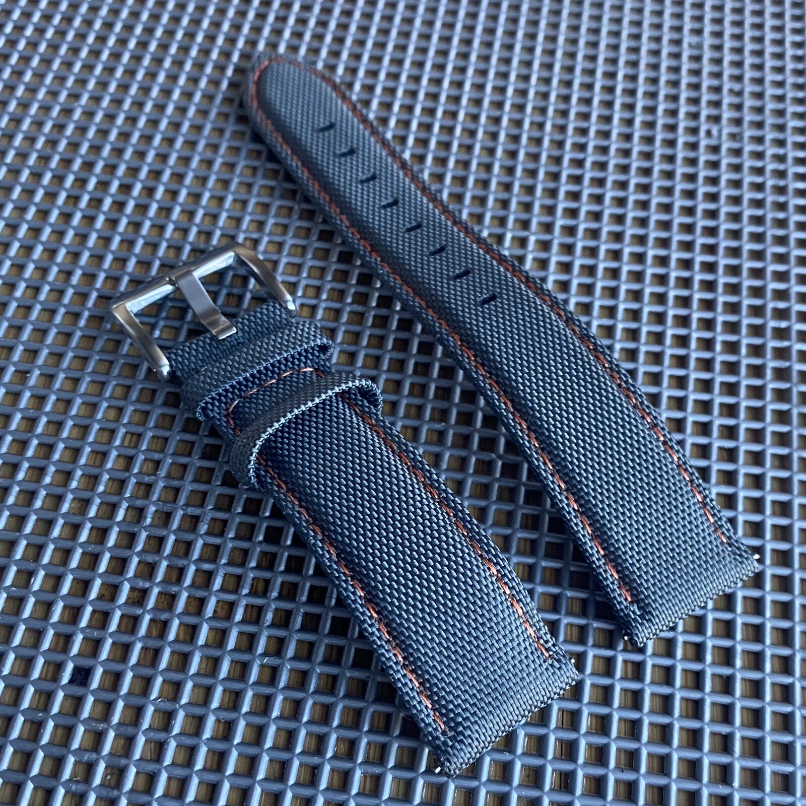 21mm GRAY Sailcloth Canvas/Leather watch band strap ORANGE Stitch QR ...