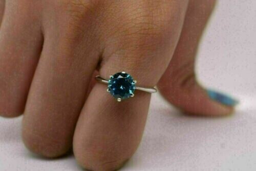 1Ct Round Lab Created Blue Diamond Solitaire Ring 14k White Gold Plated ...
