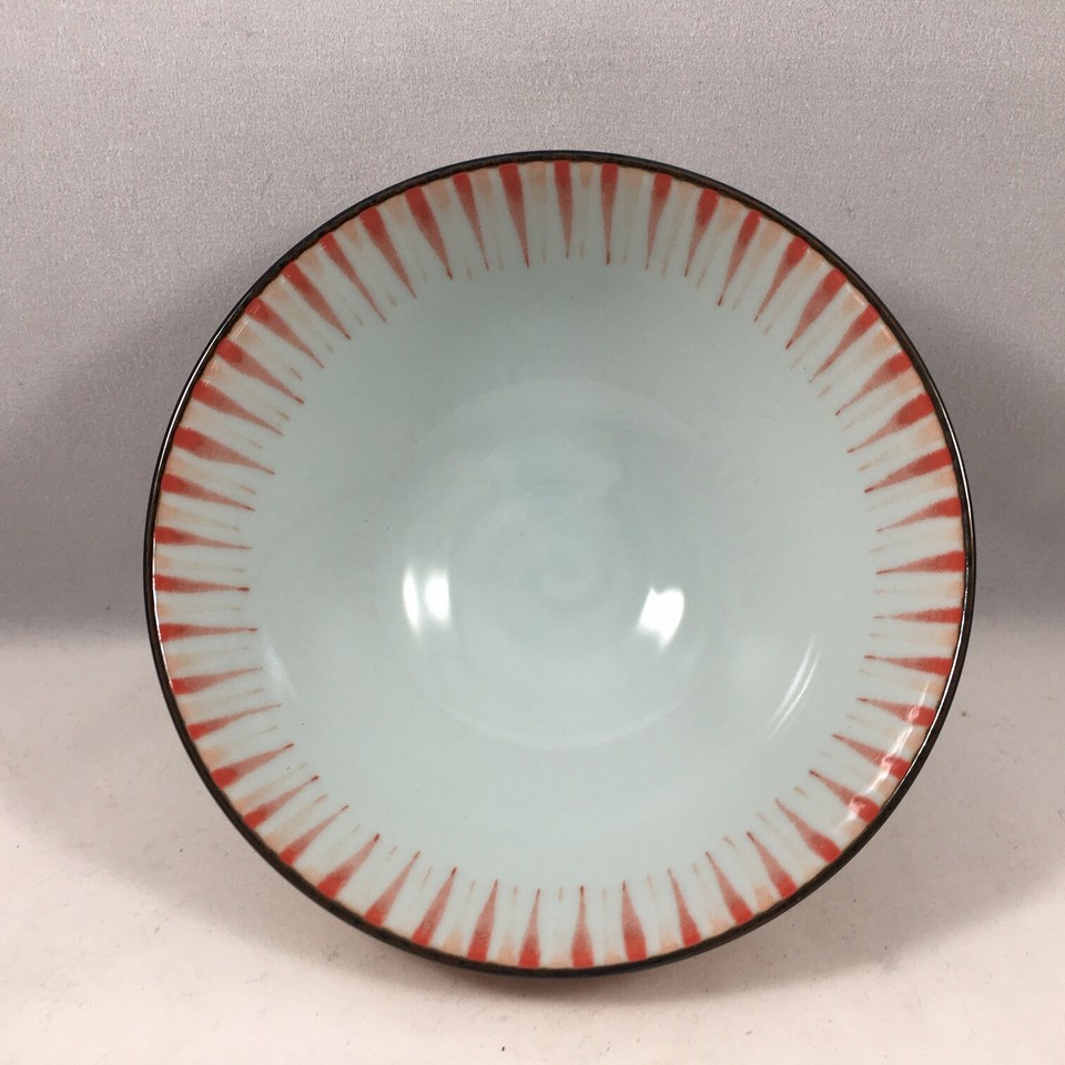 Japanese Rice Soup Bowl 4.5"D Porcelain Red Nami Tokusa Lines Made in ...