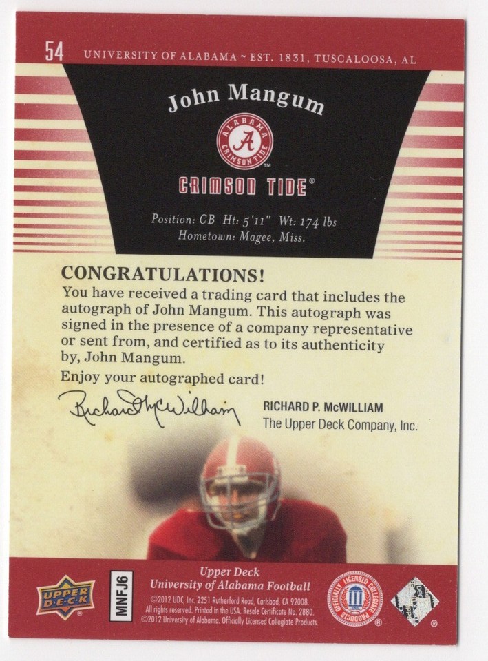 John Mangum 2012 Upper Deck Alabama Crimson Tide Autograph Card Auto ...