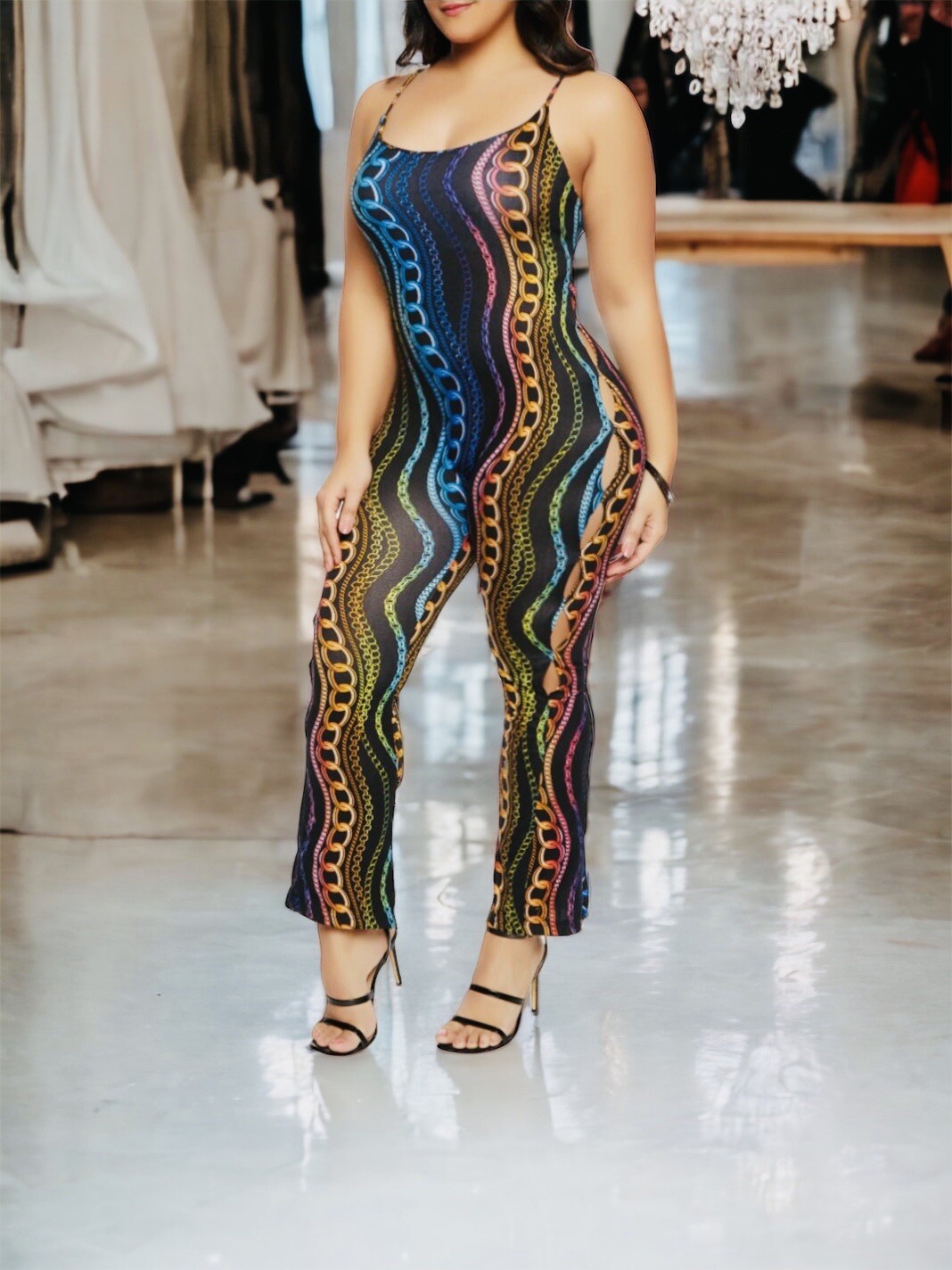 Women’s Jumpsuit Plus Size Black Chain Print Cut Out Side Scoop Neck ...