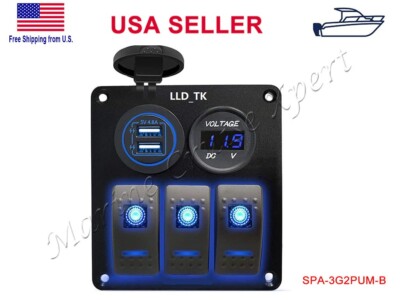3 Gang Rocker Toggle Switch Panel LED RV Marine Car Truck USB 12V Blue ...