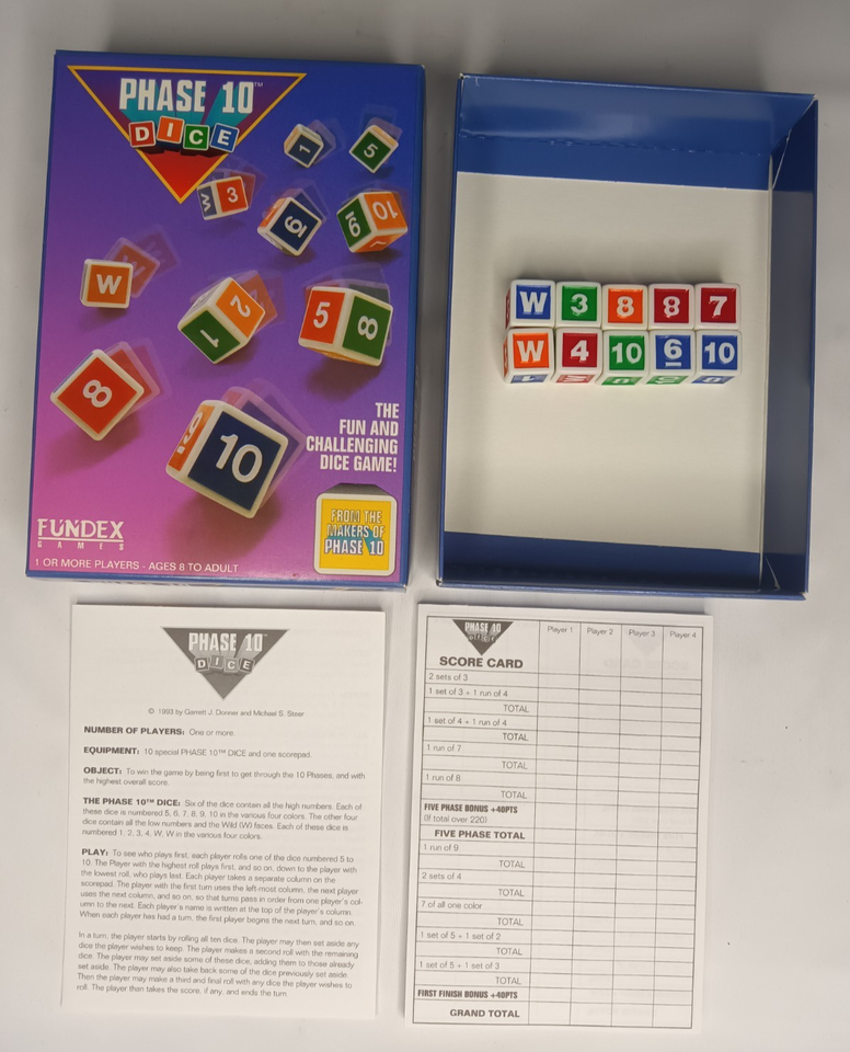 Phase 10 Dice Game 1993 Fundex w/Original Box, Score Pad, Ten Dice, Instructions | eBay