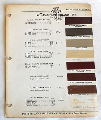 1942 PACKARD ACME COLOR PAINT CHIP CHART ALL MODELS | eBay