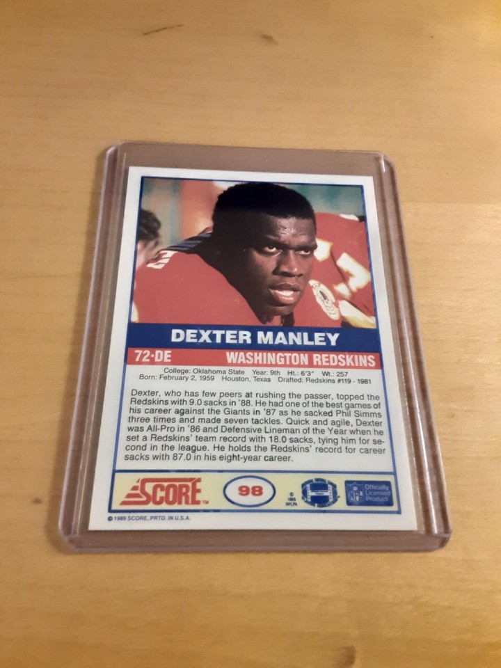 1989 Score #98 DEXTER MANLEY Washington Redskins Football Card, RE, LE ...