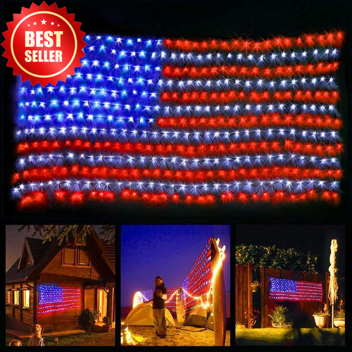 LED US Flag Net Lights 6.5x3.2ft Waterproof Outdoor 4th July Patriotic ...