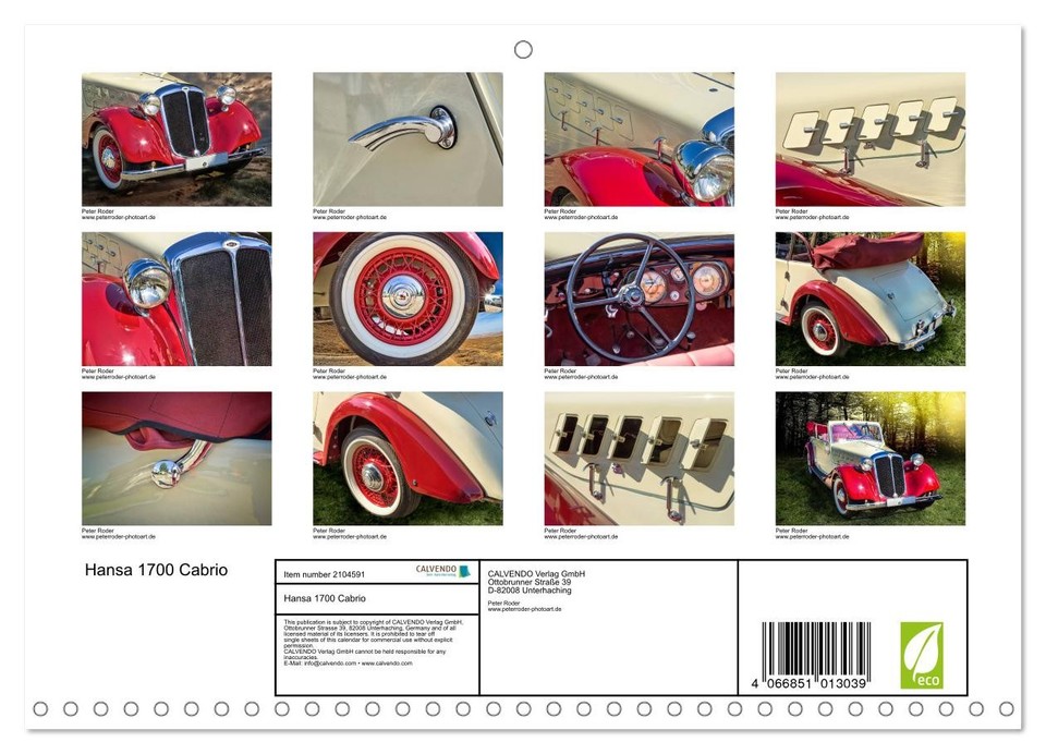 Hansa 1700 Cabrio (Monthly Wall Calendar 2026 11.7" x 16.5" (open ...
