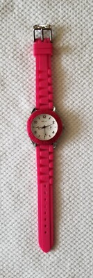 Relic by Fossil Silver Tone Day/Date Watch Hot Pink Band 5.5"-7.5" New ...