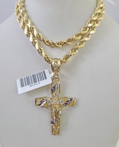Real 10k Rope Chain Jesus Cross Charm Necklace Pendant Set 5mm 20"-30 ...