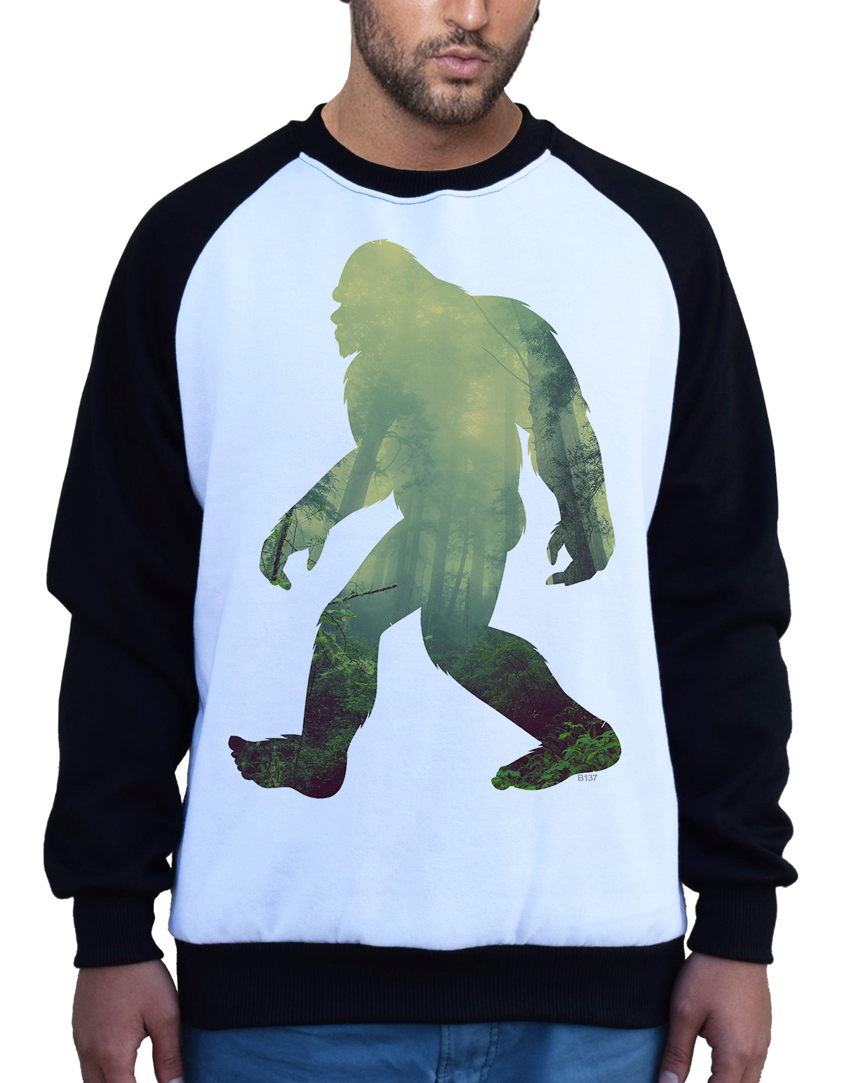 Men's Geometric Forest Bigfoot White Raglan Sweatshirt Sasquatch Beast ...