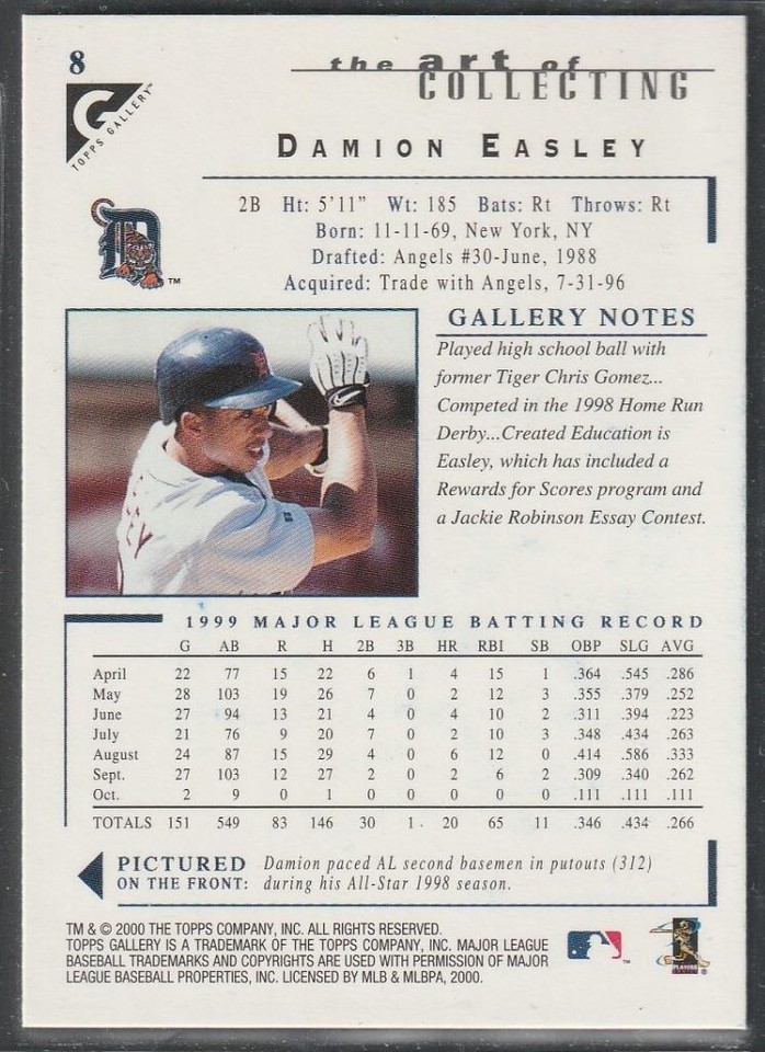 155, Original Autograph, Damion Easley; Detroit Tigers, 2000 Topps ...