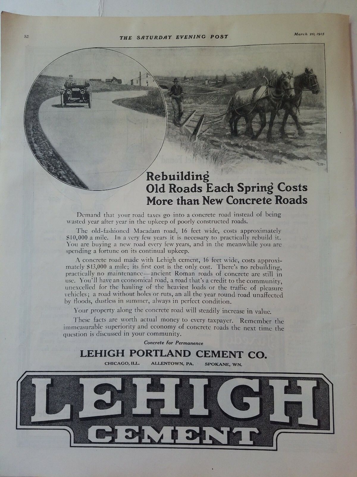 1915 Lehigh Portland Cement Co rebuilding old roads horses plow field ...