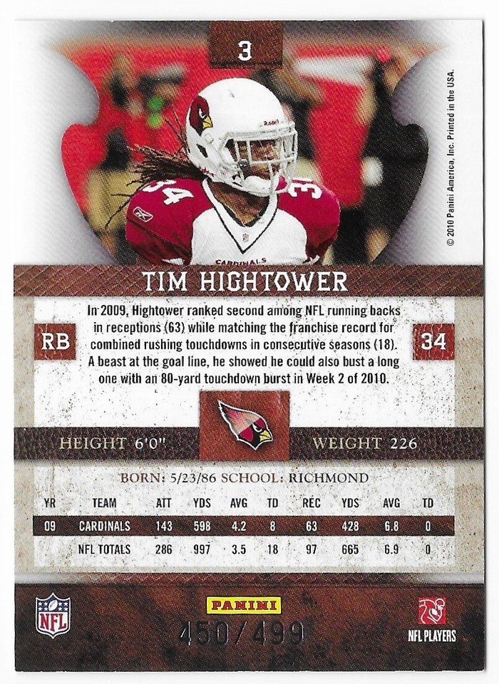 Tim Hightower 2010 Panini Plates and Patches Red #3 /499 Numbered ...