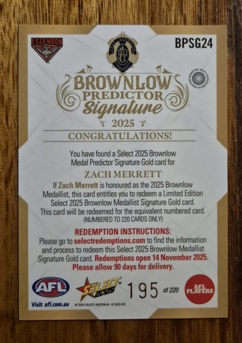 2025 Select Footy Stars Zach Merrett Brownlow Predictor Signature ...
