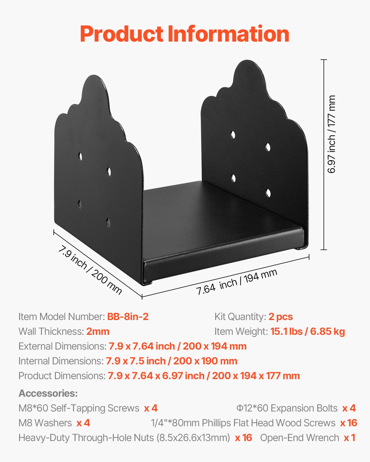 VEVOR 2 Pack 8x8 Post Base Brackets Wood Fence Post Anchor Inner Size 7 ...