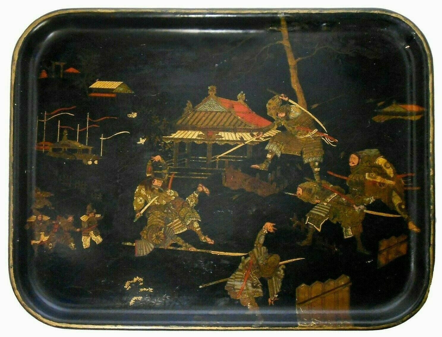 EARLY 20TH C JAPANESE ANTIQUE LACQUERED TEA TRAY FEAT SAMURAI WARRIORS ...