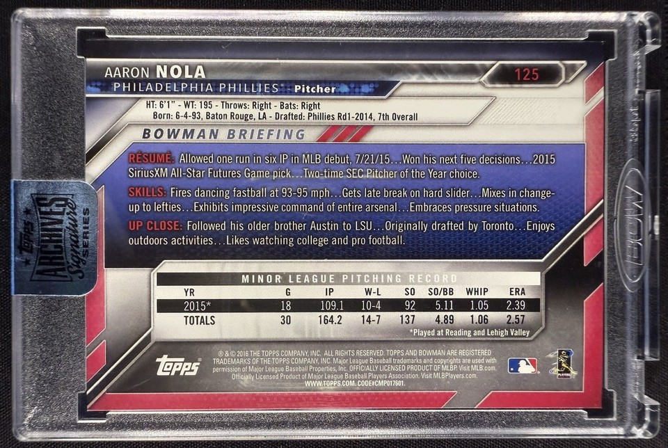 2018 Topps Archives Signature Series Aaron Nola 2016 Bowman Rookie Auto ...