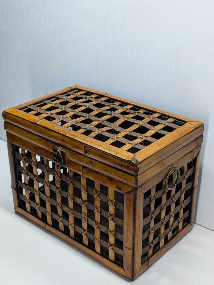 Vintage Asian Style Bamboo Rattan Woven Wood Storage Trunk | Chest ...