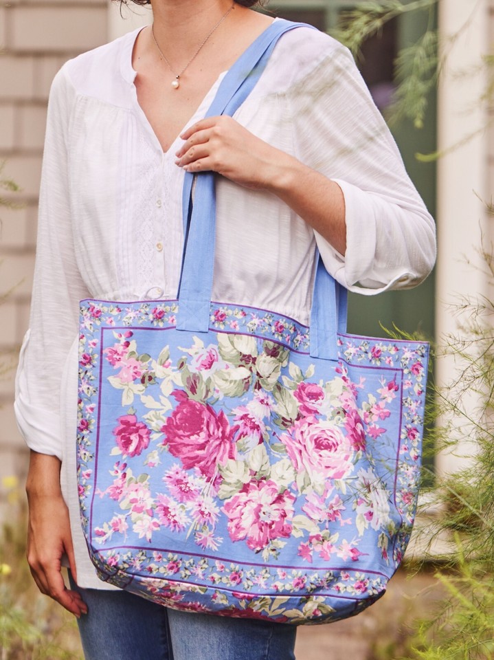 April Cornell Cottage Rose Market Bag Tote Purse 100% Cotton Wedgewood ...