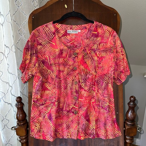 Bali Batiks hand painted women’s small red yellow beaded Hawaiian shirt ...