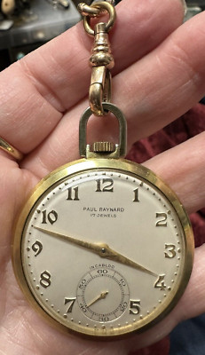 Paul Raynard 17 Jewels Pocket Watch W/ Gold Filled Watch Chain Fob 12"L ...