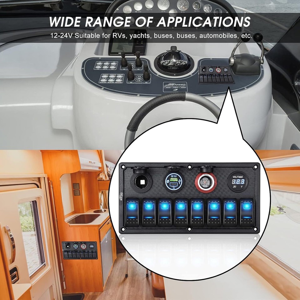 8 Gang Rocker Switch Panel Circuit Breaker 12V-24V for Marine Boat RV ...