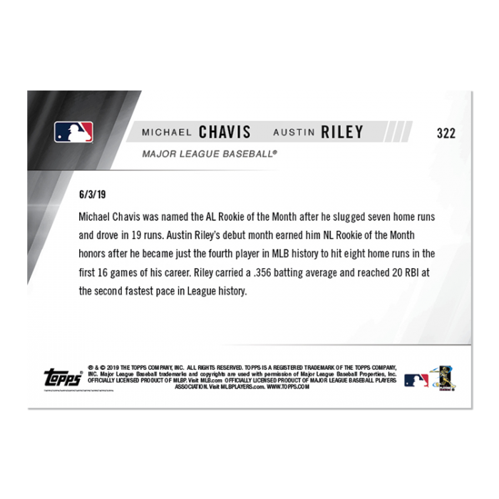 2019 TOPPS NOW #322 MICHAEL CHAVIS & AUSTIN RILEY ROOKIES OF THE MONTH ...