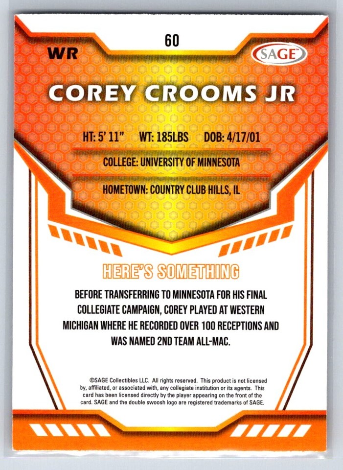 2024 Sage Low Series Football #60 Corey Crooms Jr. Silver | eBay