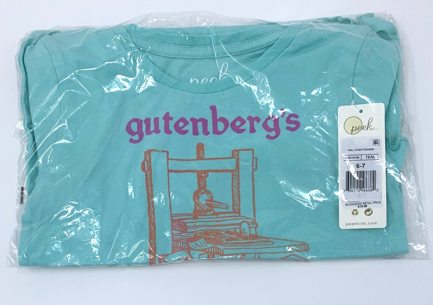 NWT Peek Girls 6-7 Teal Blue Gutenberg Printing Press Short Sleeve ...