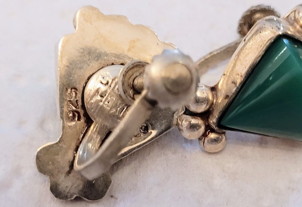 RARE ANTIQUE VINTAGE MEXICAN STERLING SILVER & GREEN ONYX SCREW-BACK ...