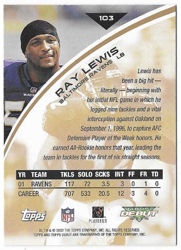 RAY LEWIS 2002 Topps Debut Football # 103 Baltimore Ravens HOF NM - MT ...