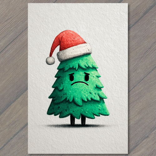POSTCARD Sad Christmas Tree Santa Hat Cute Holiday Card Whimsical ...