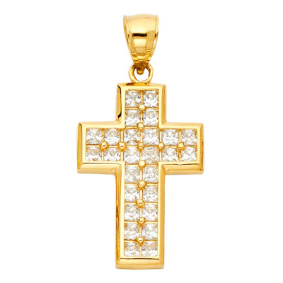 14K Yellow Real Gold CZ Princess Invisible Religious Cross Jesus ...