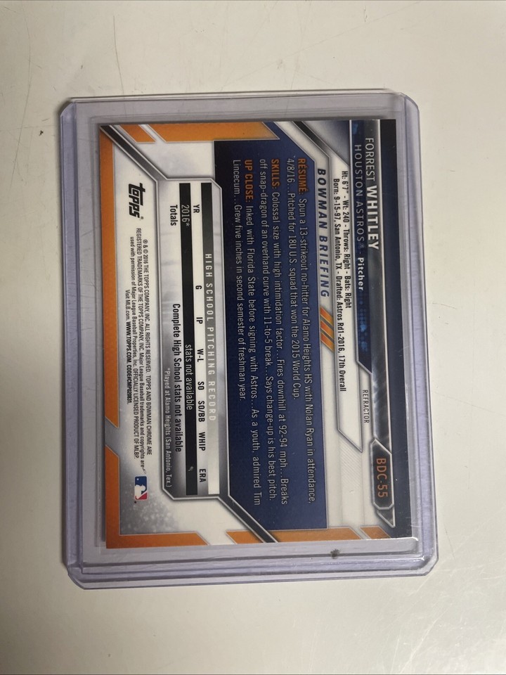 Forrest Whitley 2016 Bowman Draft Chrome Refractor #BDC-55 Houston ...