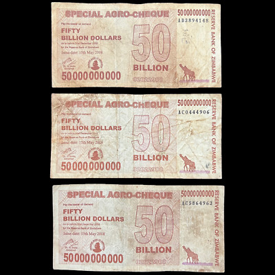 3x Zimbabwe $50 Billion Agro Cheque Check Banknote Bond *Heavily ...