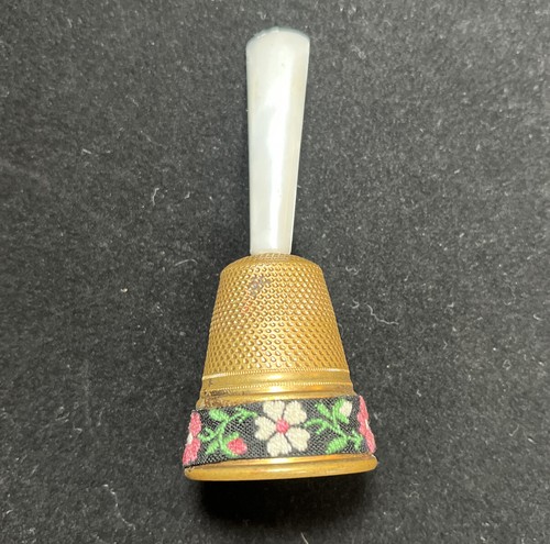 Vintage Thimble Bell Goldtone Metal Floral Embroidered Ribbon Handle 3 ...