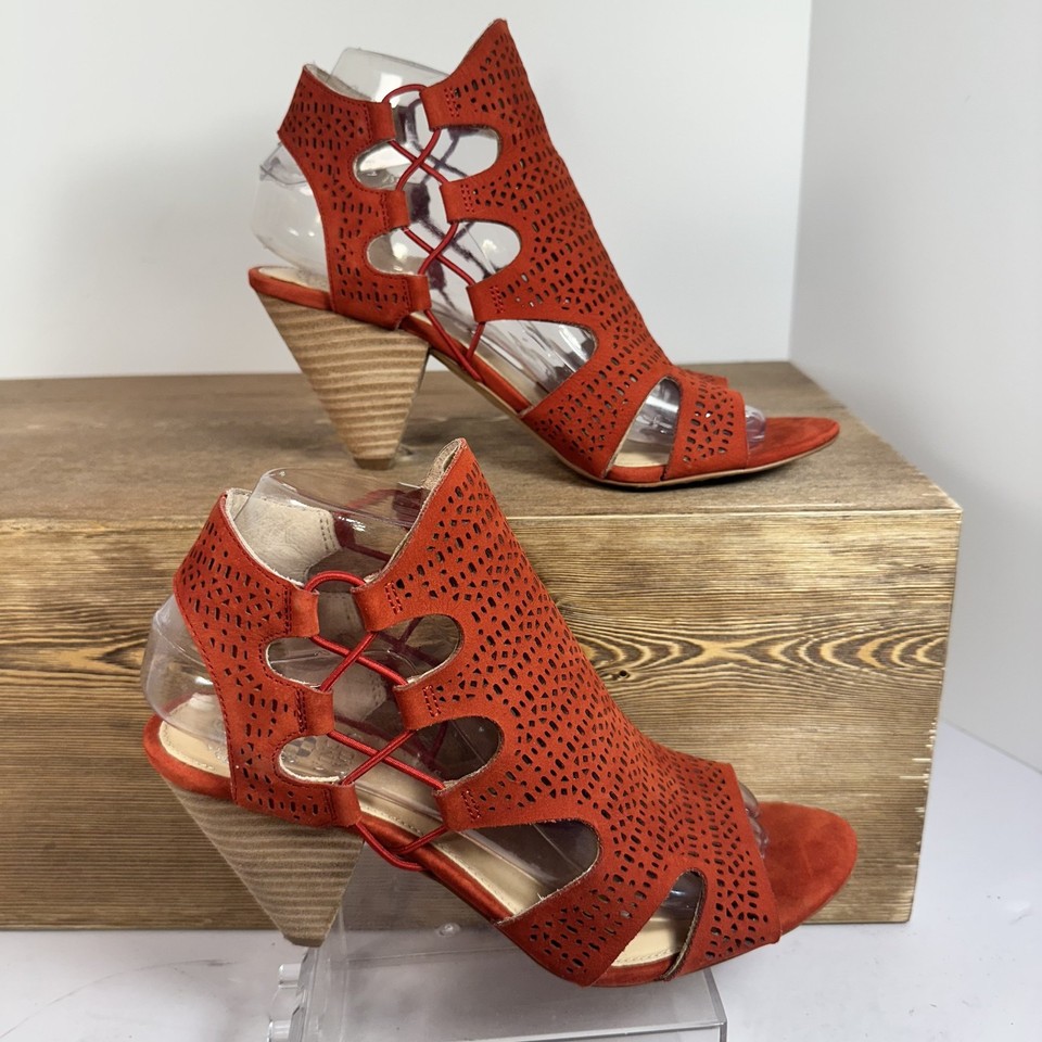 Vince Camuto Laser Cut Sandal SZ 8M Red Bootie Cone Heels Strappy Open ...