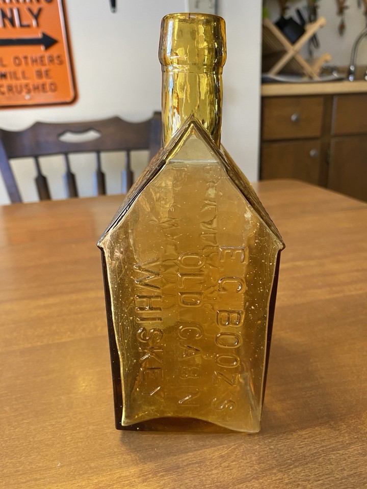 Antique E. C. Booz’s Old Cabin Whiskey bottle, mold-blown amber glass ...