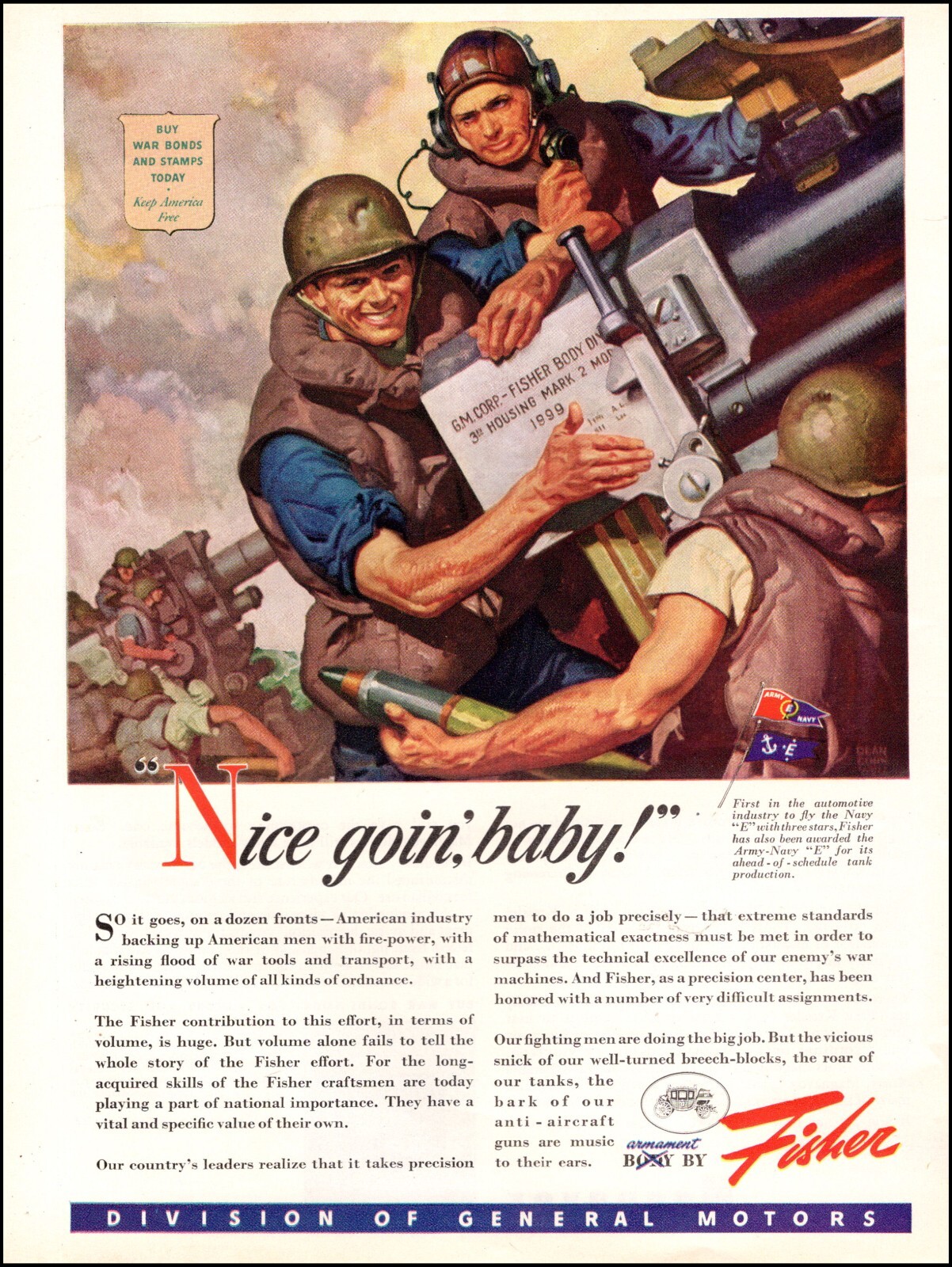 1943 WW2 Ad ARMAMENTS by FISHER Artillery in Action Art Dean Cornwall ...