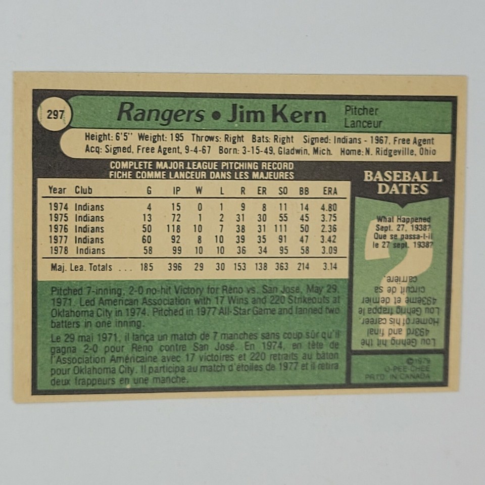 1979 O-Pee-Chee Baseball Card #297 JIM KERN Rangers | eBay