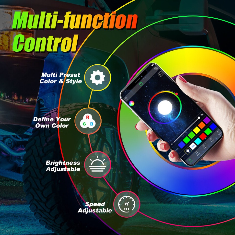 8 Pods RGB LED Rock Lights Underbody bluetooth Music Remote Control For ...
