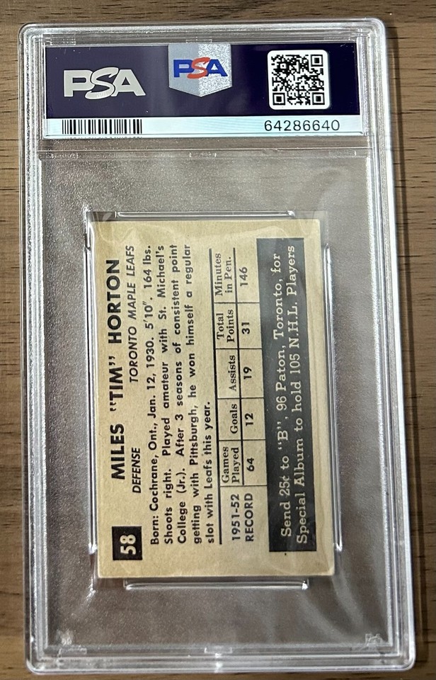1952 1952/53 PARKHURST #58 TIM HORTON ROOKIE PSA 3.5 VG+ TORONTO MAPLE ...