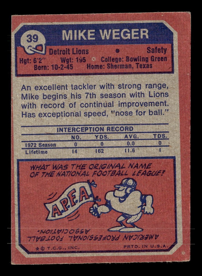 Mike Weger 1973 Topps #39 Detroit Lions Very Good | eBay