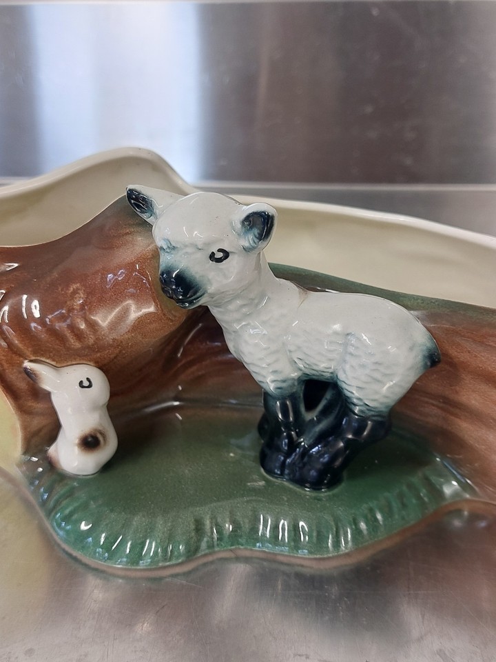 Hornsea Rabbit & Lamb Tree Log Pottery Planter - Container - Vase ...