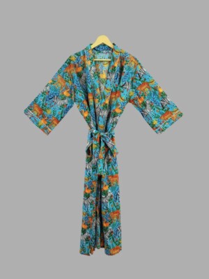 Indian Turquoise Forest Cotton Robes Long Kimono Sleepwear Night Suit ...