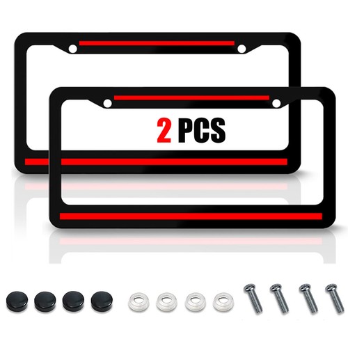 2PCS Red Line Metal Car License Plate Frame Firefighter Tag Cover For ...