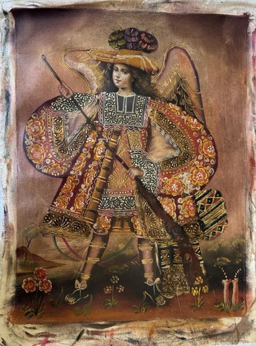 18x13 In. Cuzco Spanish Colonial Angel Rifle Oil Painting Archangel ...